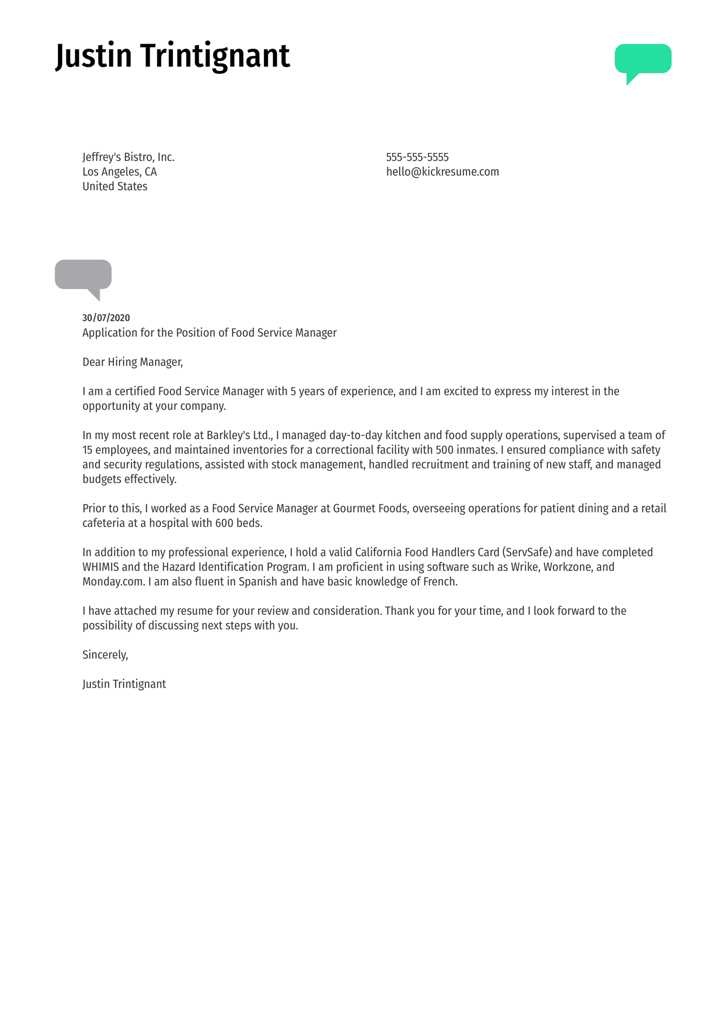Food Service Manager Cover Letter Sample Kickresume