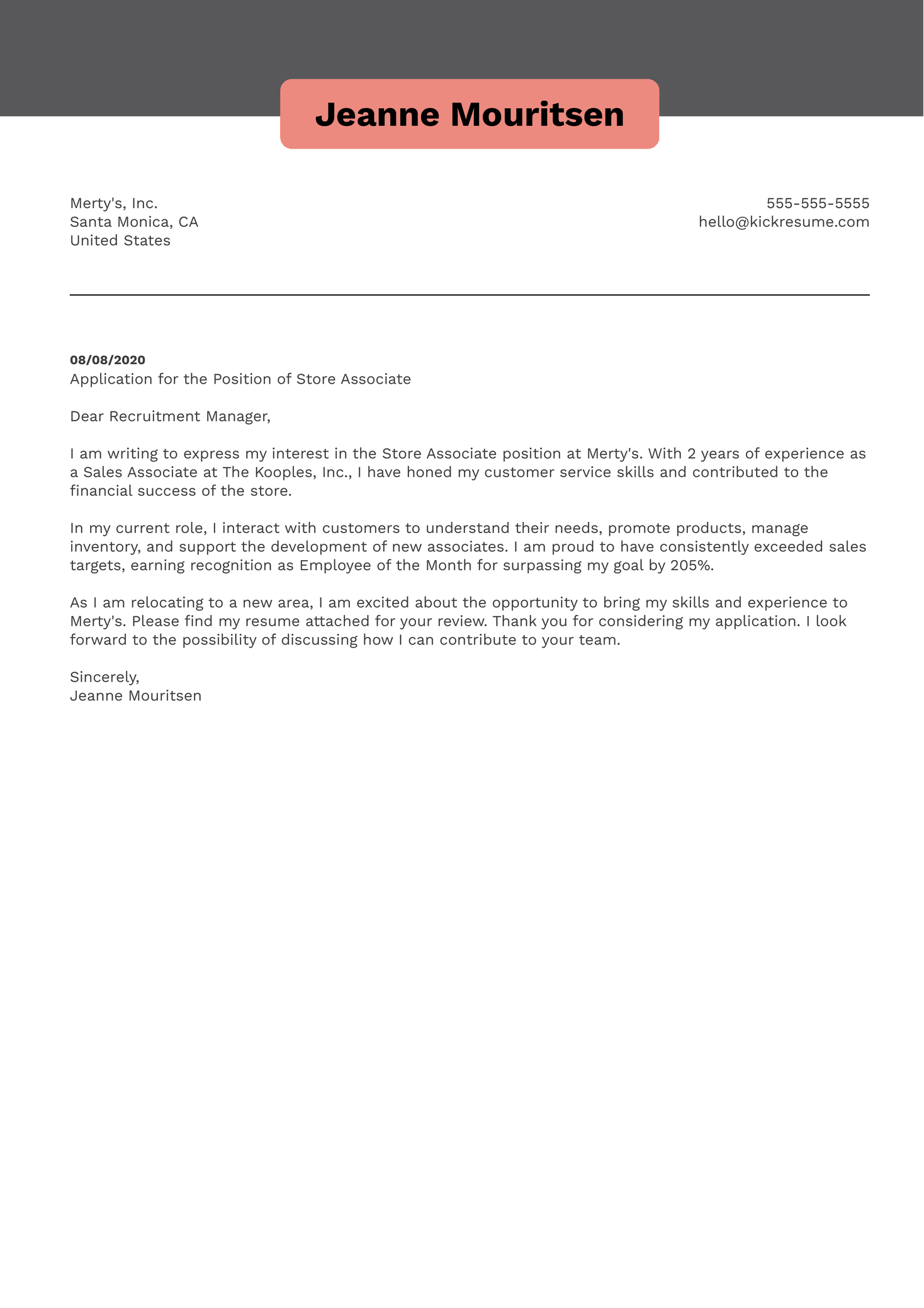 Store Associate Cover Letter Example Kickresume