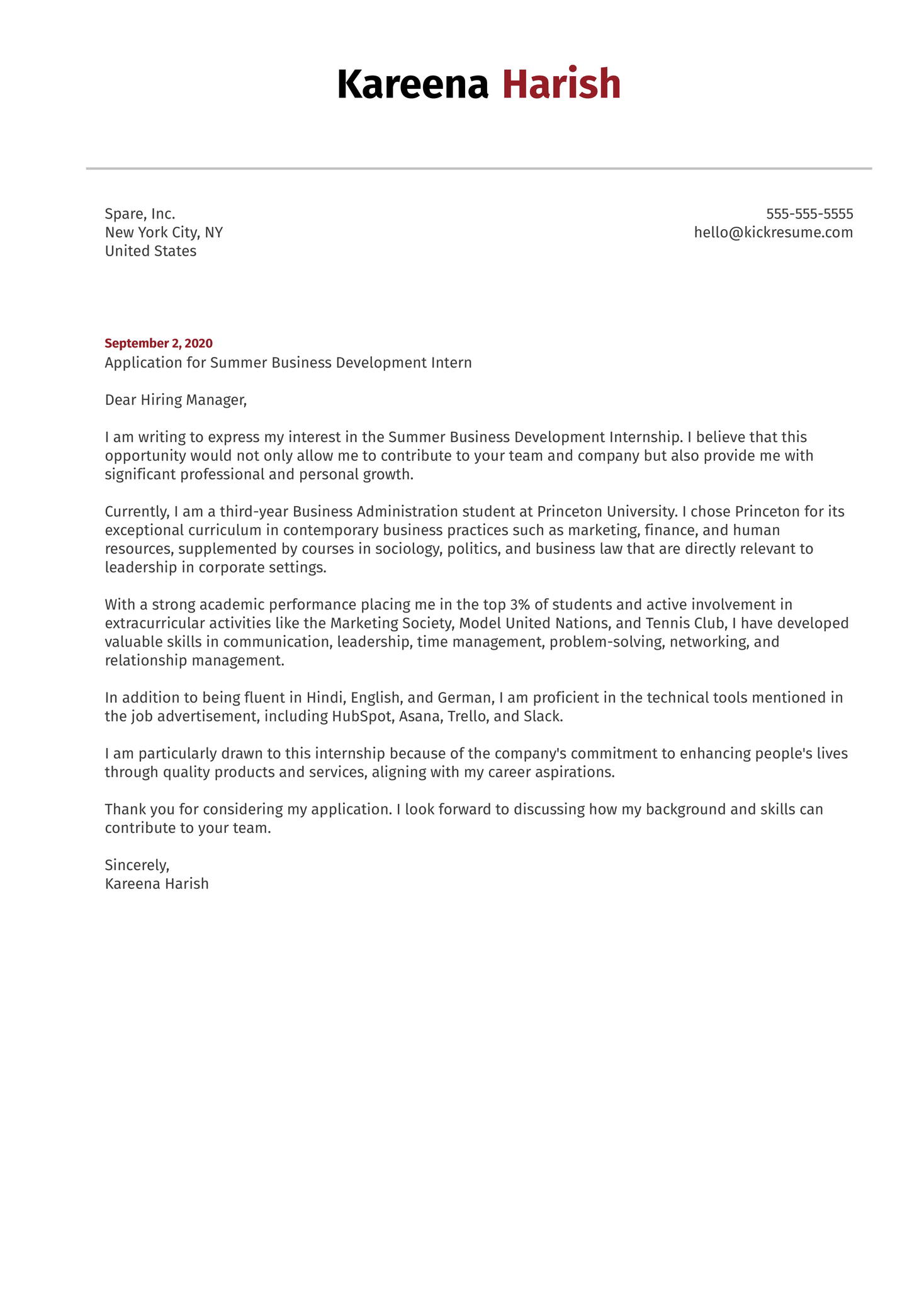 Business Development Intern Cover Letter Example Kickresume