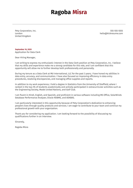 Accounts Clerk Cover Letter Example Kickresume