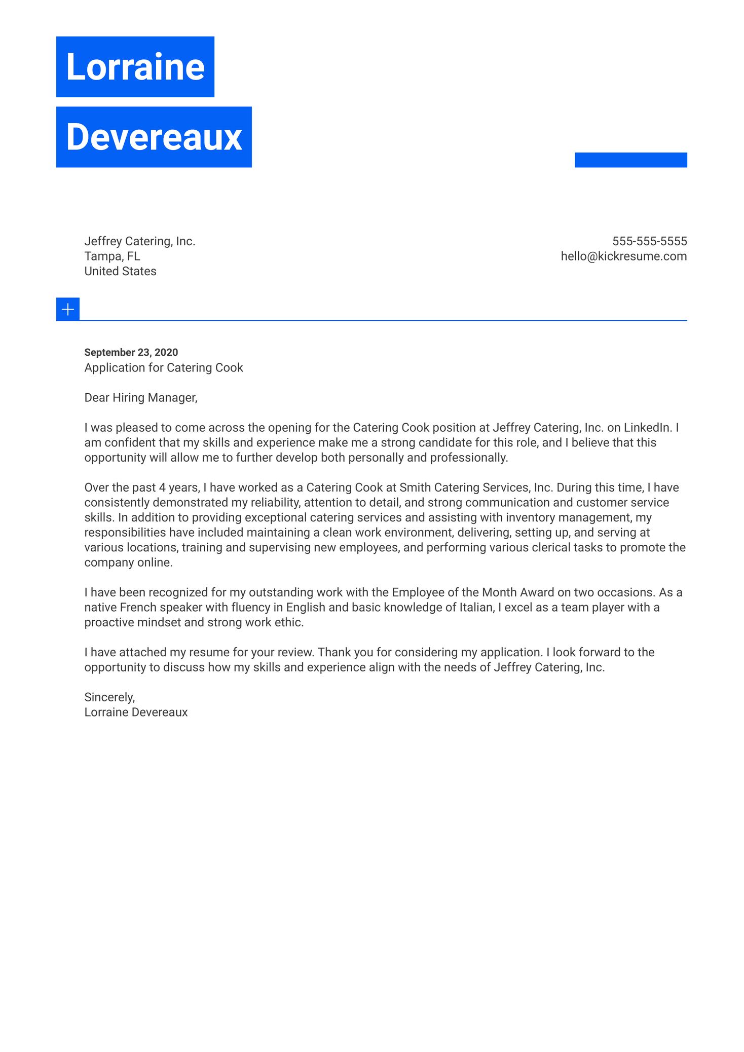 Catering Cook Cover Letter Example Kickresume