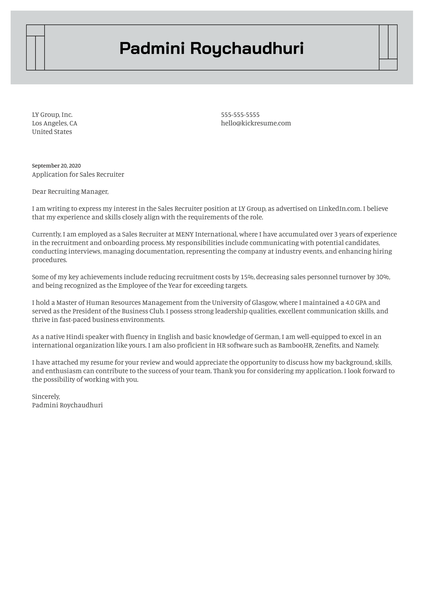 Sales Recruiter Cover Letter Sample Kickresume