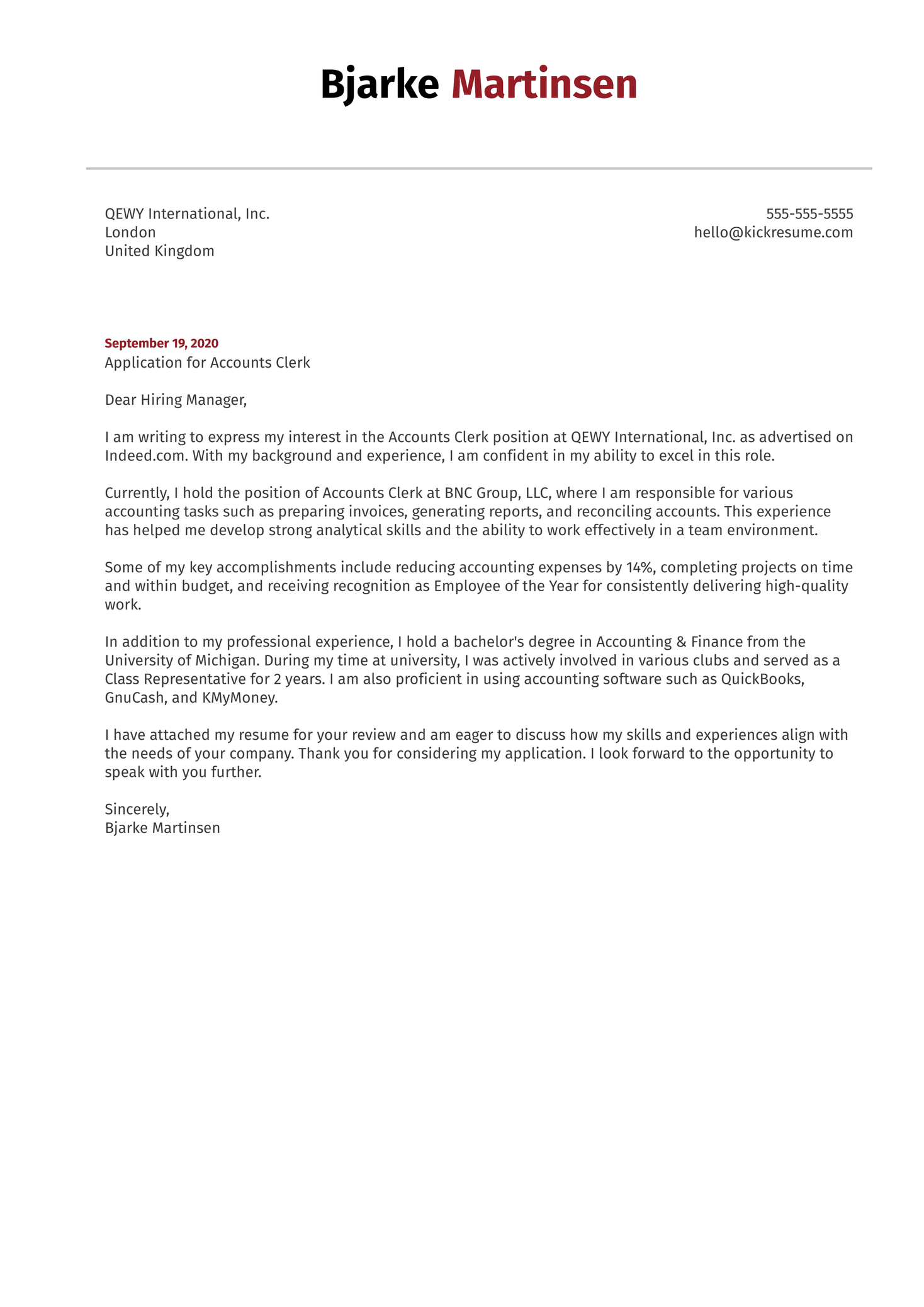 Accounts Clerk Cover Letter Example Kickresume