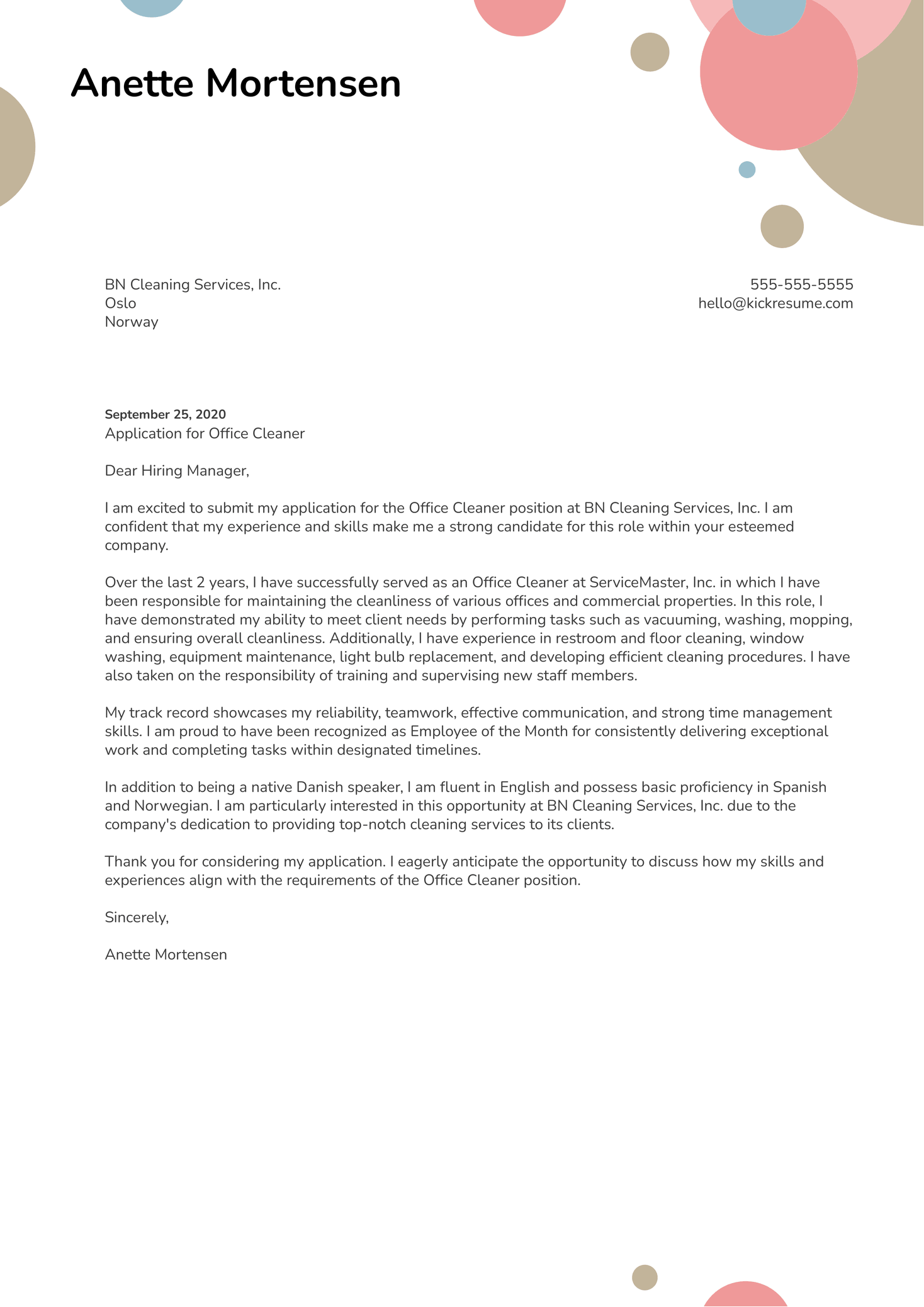 Office Cleaner Cover Letter Example Kickresume