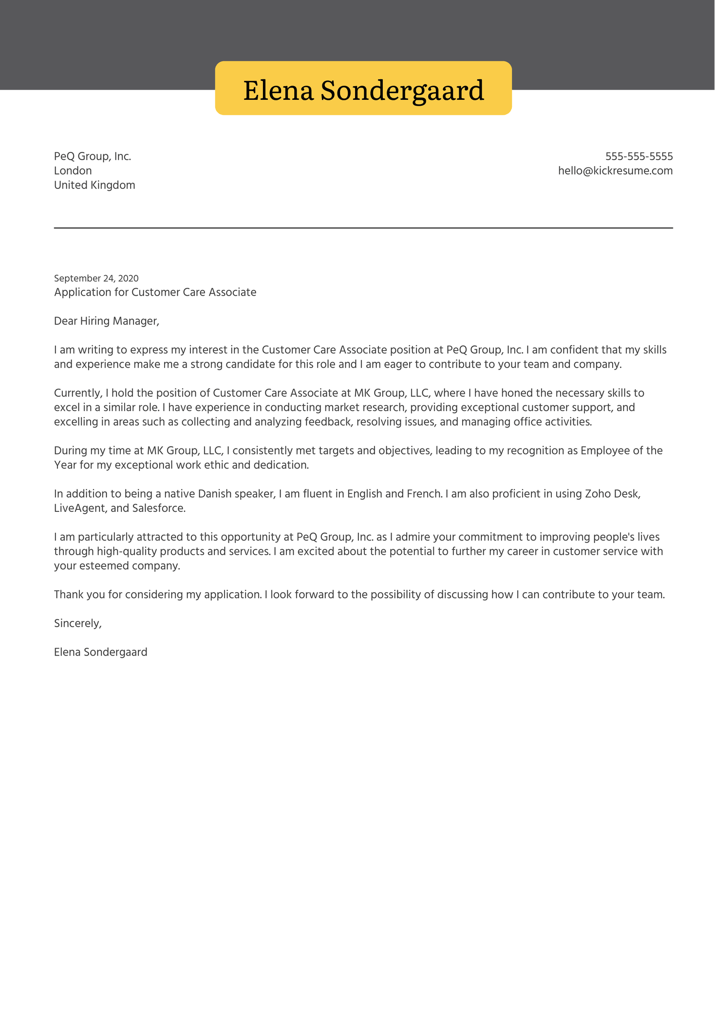 Customer Care Associate Cover Letter Example Kickresume