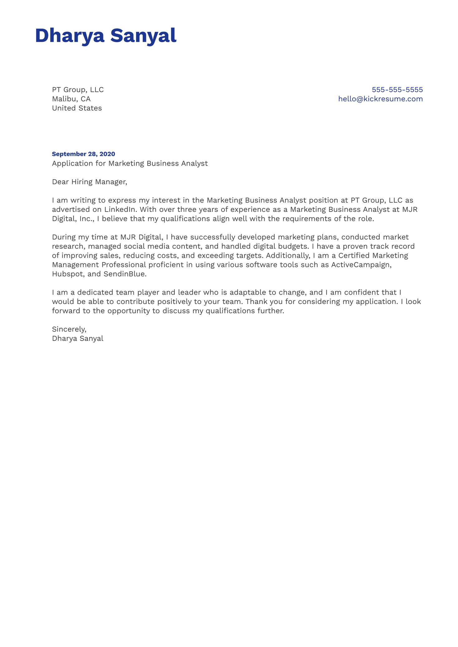 Cover Letter Example Business Analyst