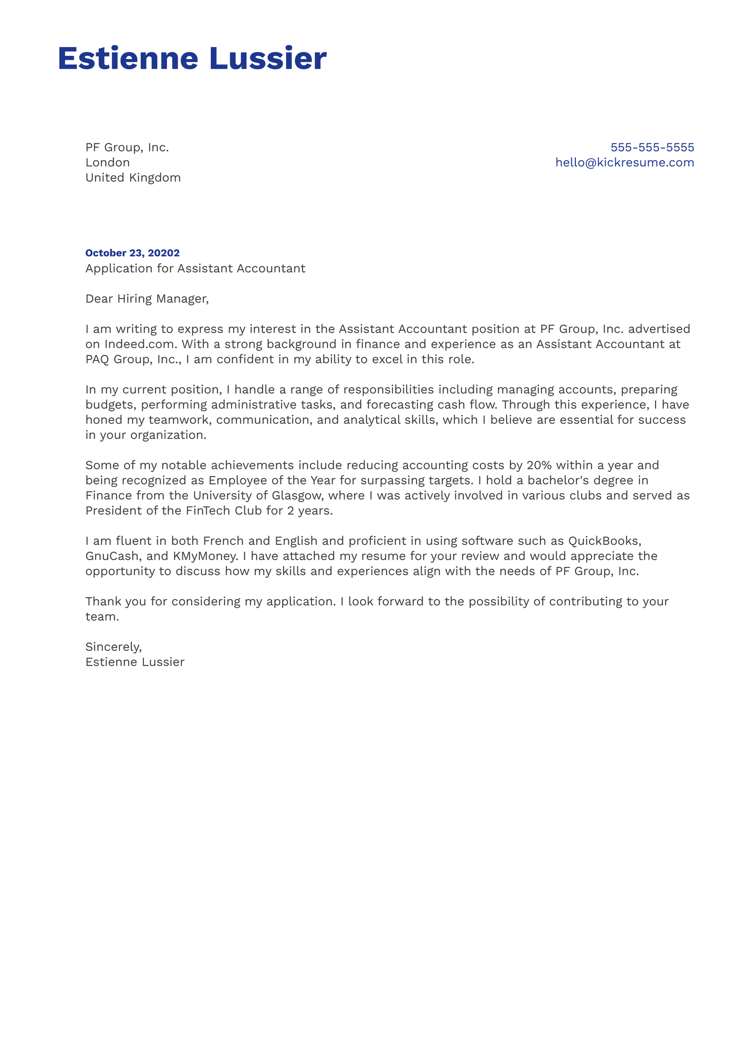 Assistant Accountant Cover Letter Example Kickresume