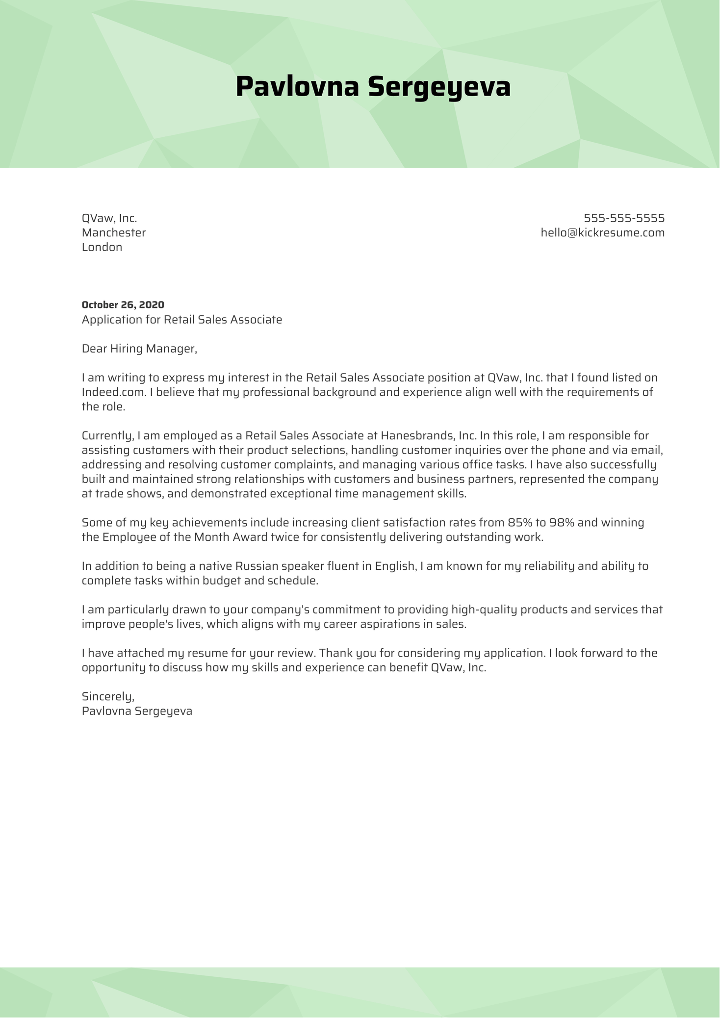 Retail Sales Associate Cover Letter Sample Kickresume