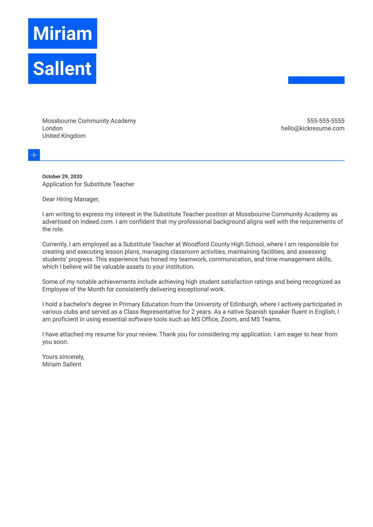 Substitute Teacher Cover Letter Sample Kickresume