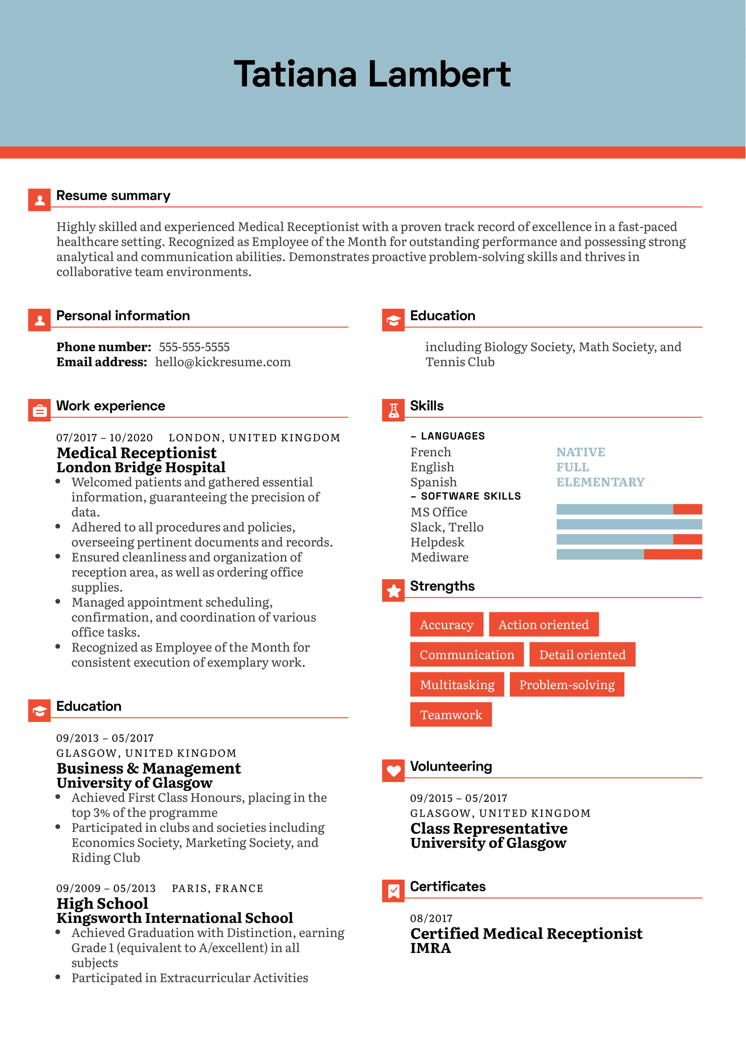 Medical Receptionist Resume Sample Kickresume
