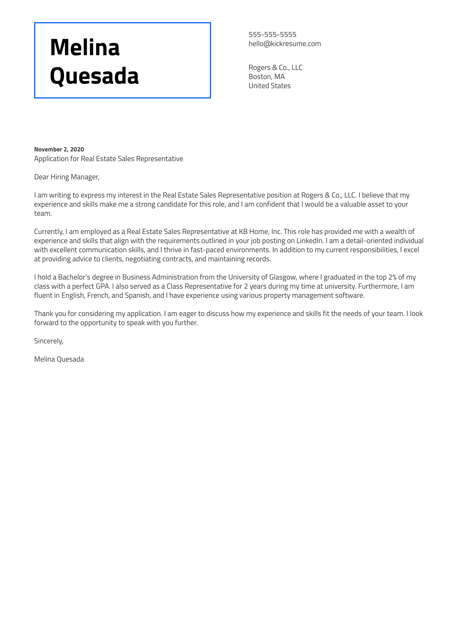 Real Estate Sales Representative Cover Letter Sample Kickresume
