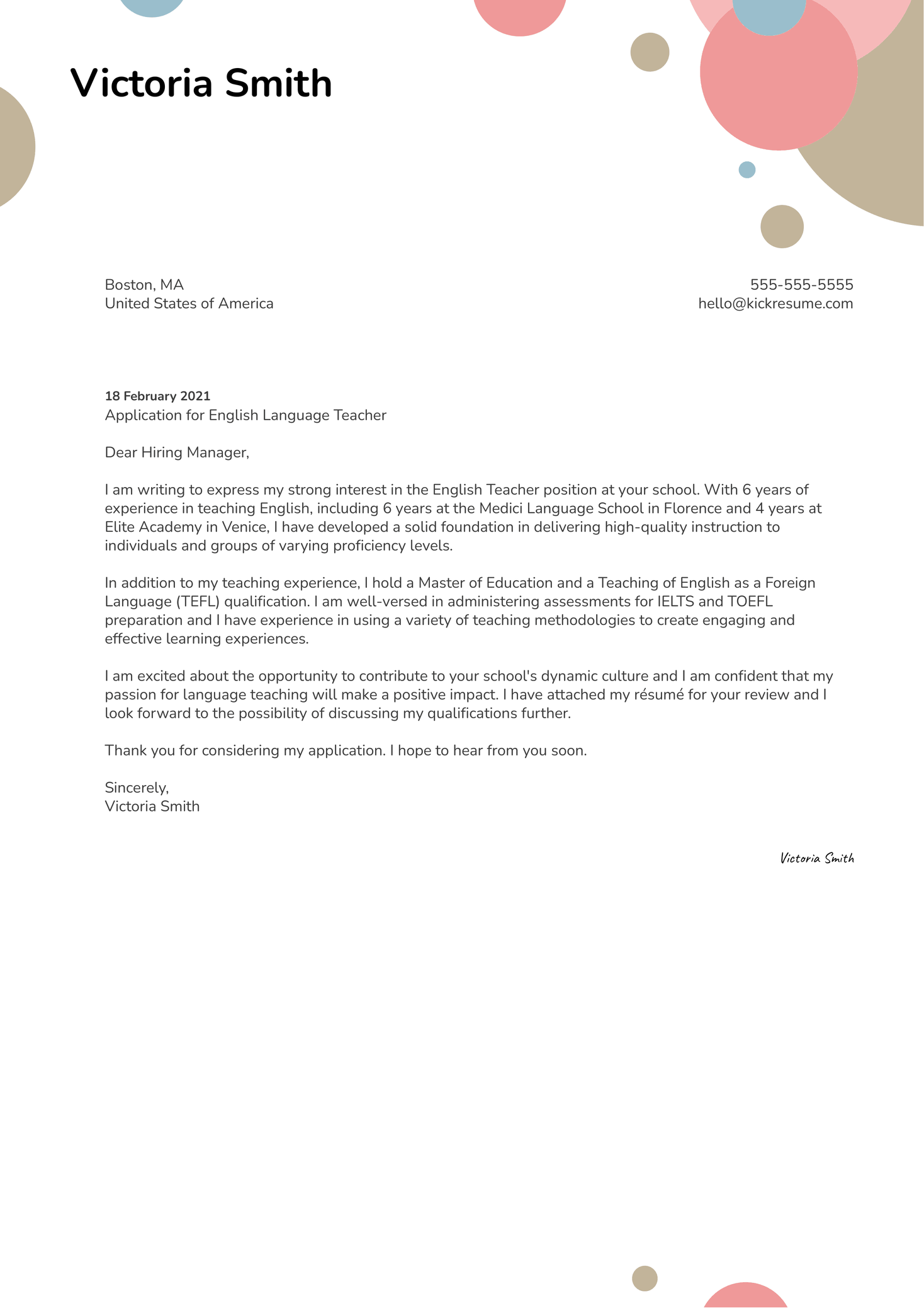 English Language Teacher Cover Letter Sample Kickresume