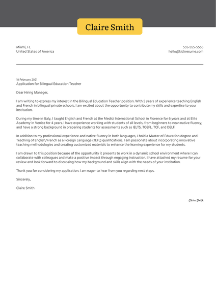 Bilingual Teacher Cover Letter Sample | Kickresume