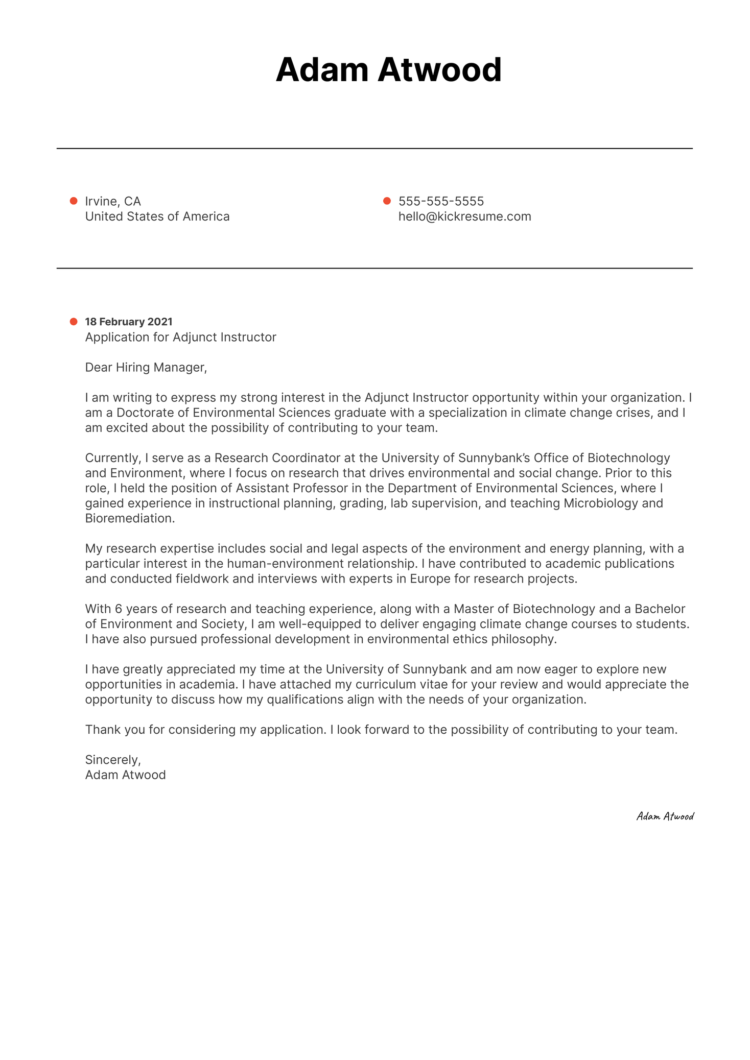 Adjunct Instructor Cover Letter Template Kickresume Adjunct Instructor Cover Letter Template Kickresume