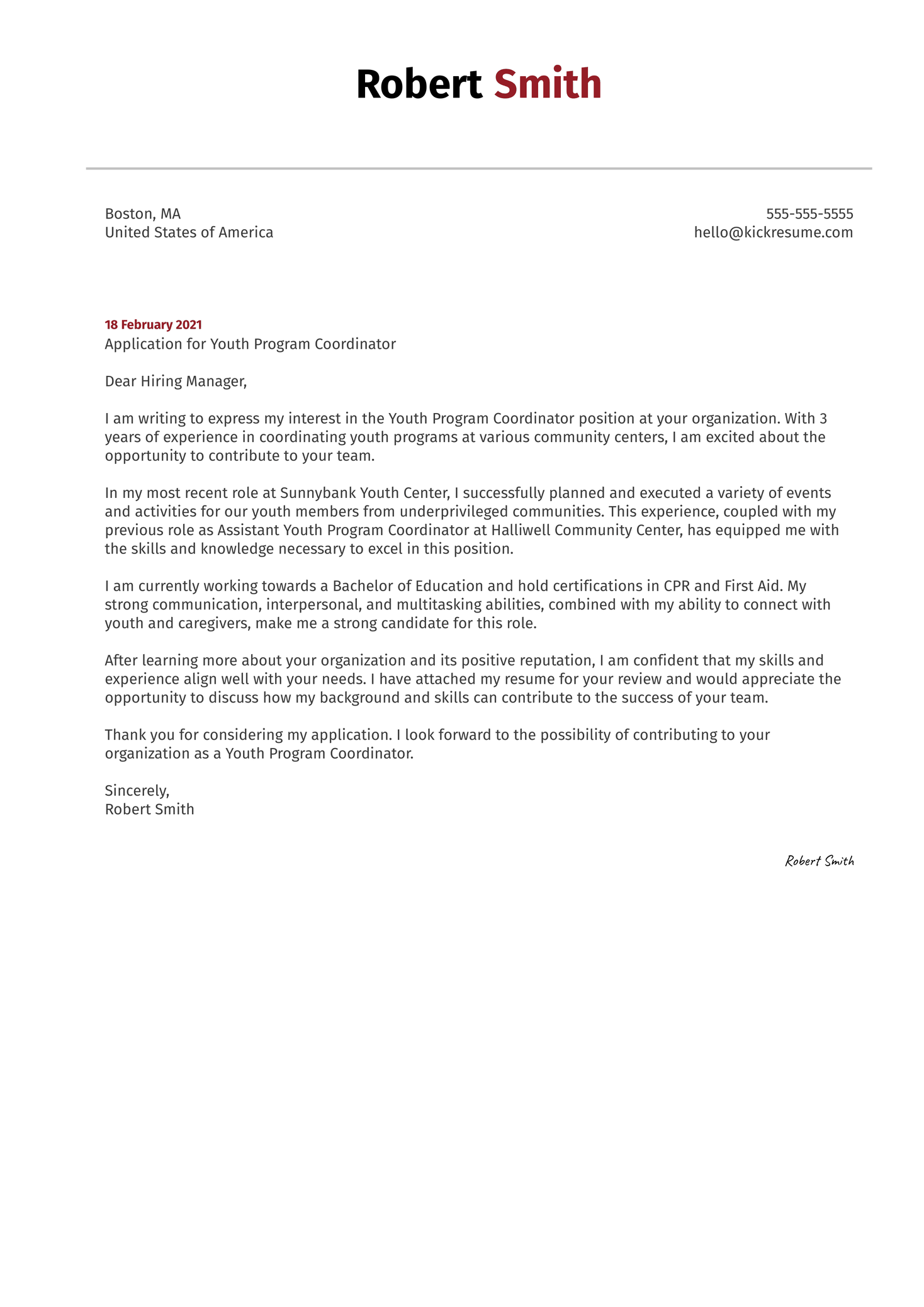Youth Program Coordinator Cover Letter Sample Kickresume