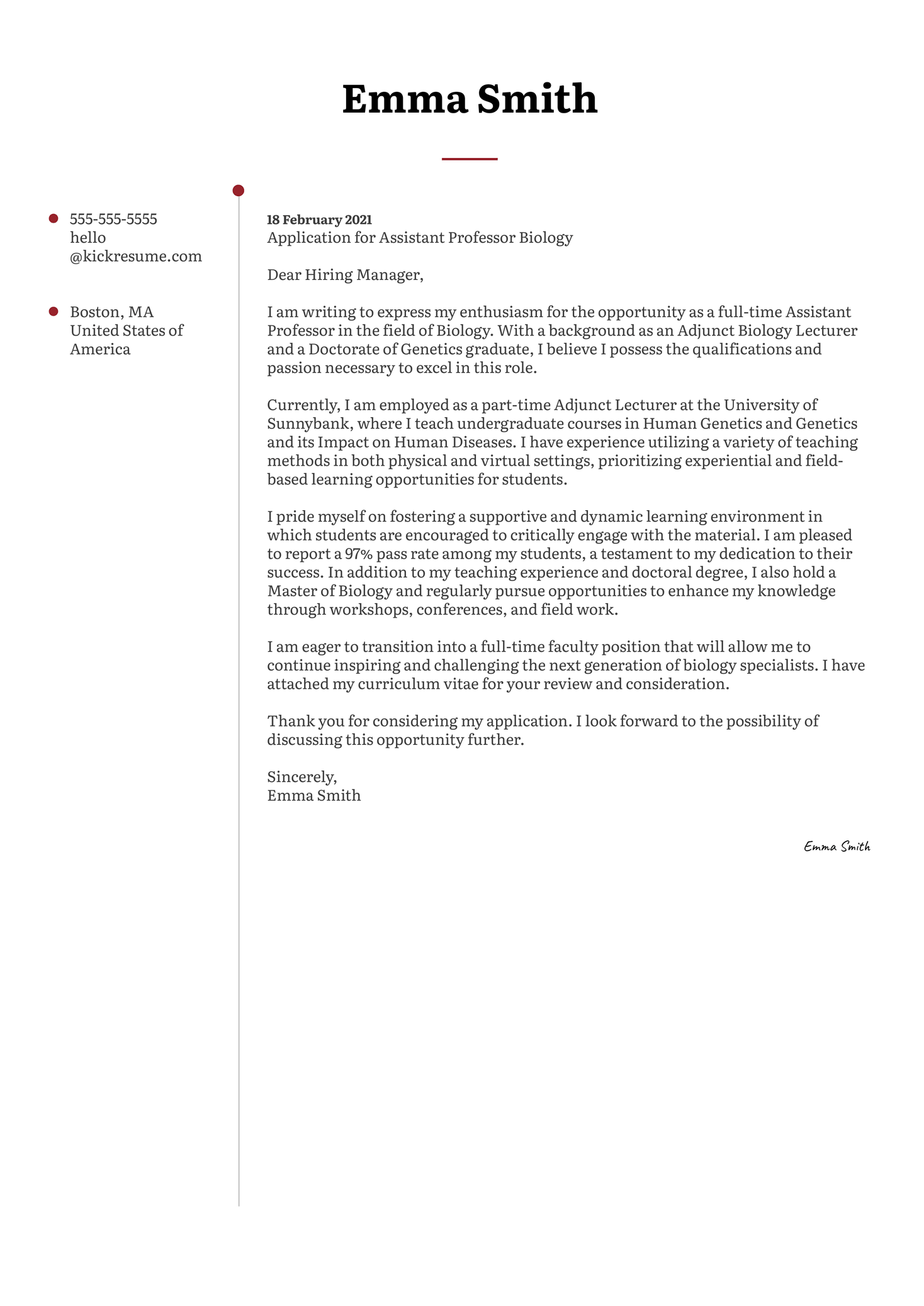 Assistant Professor Biology Cover Letter Sample Kickresume