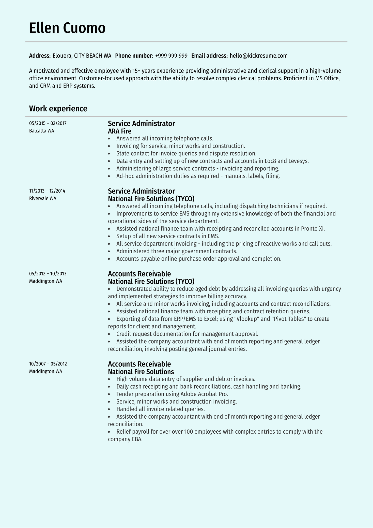 Service Administrator Resume Sample Kickresume