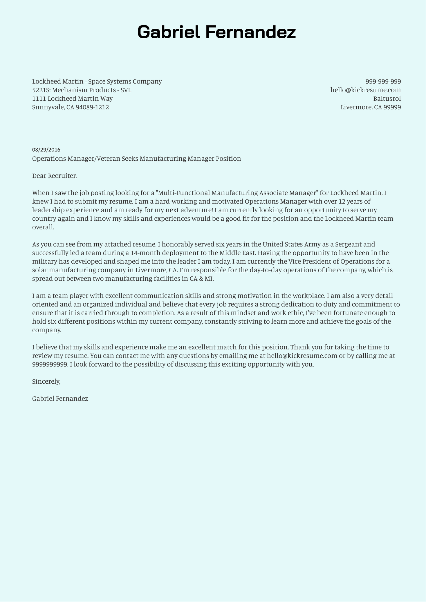 Lockheed Martin Manufacturing Manager Cover Letter Kickresume