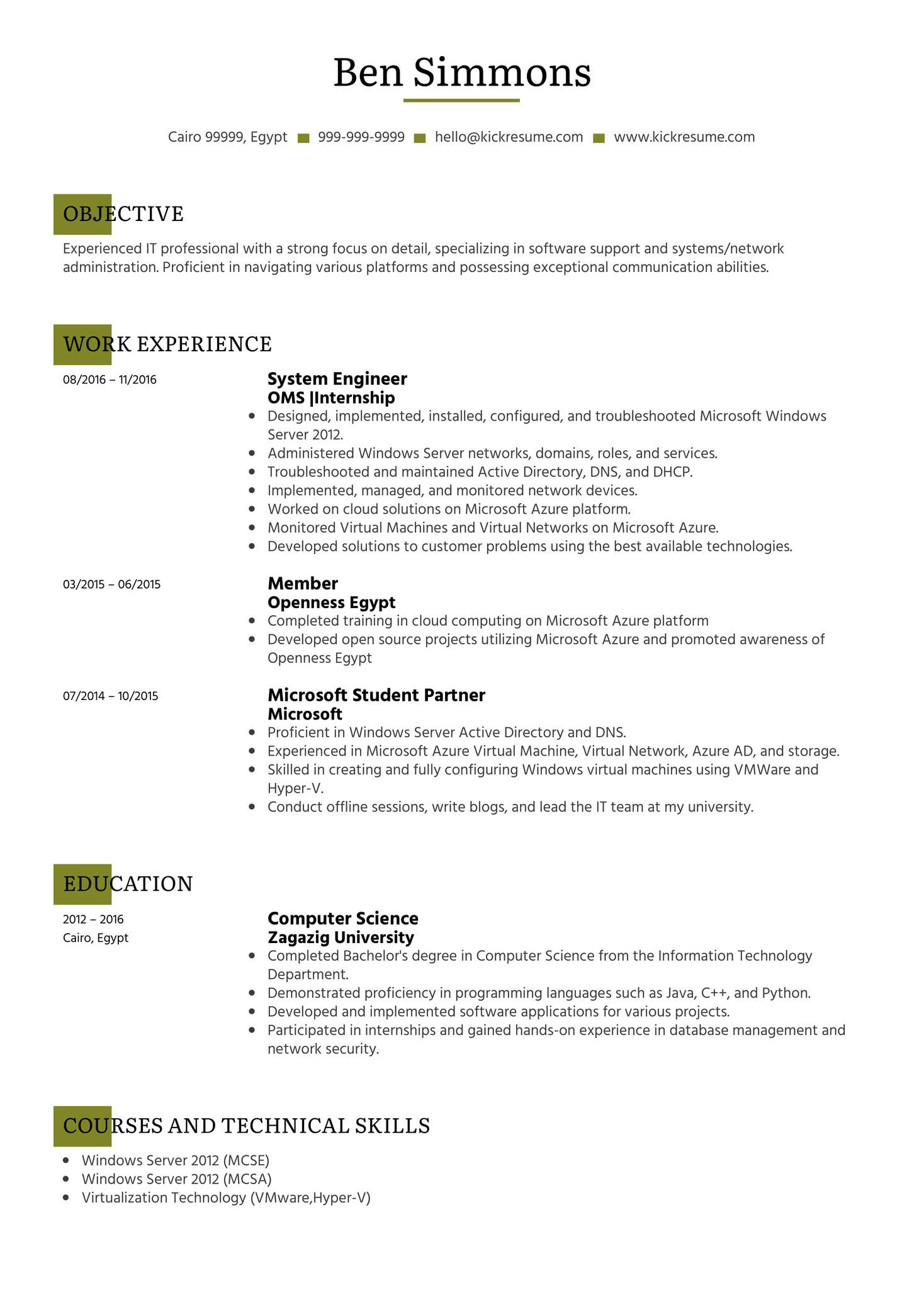 System Administrator CV Sample Kickresume
