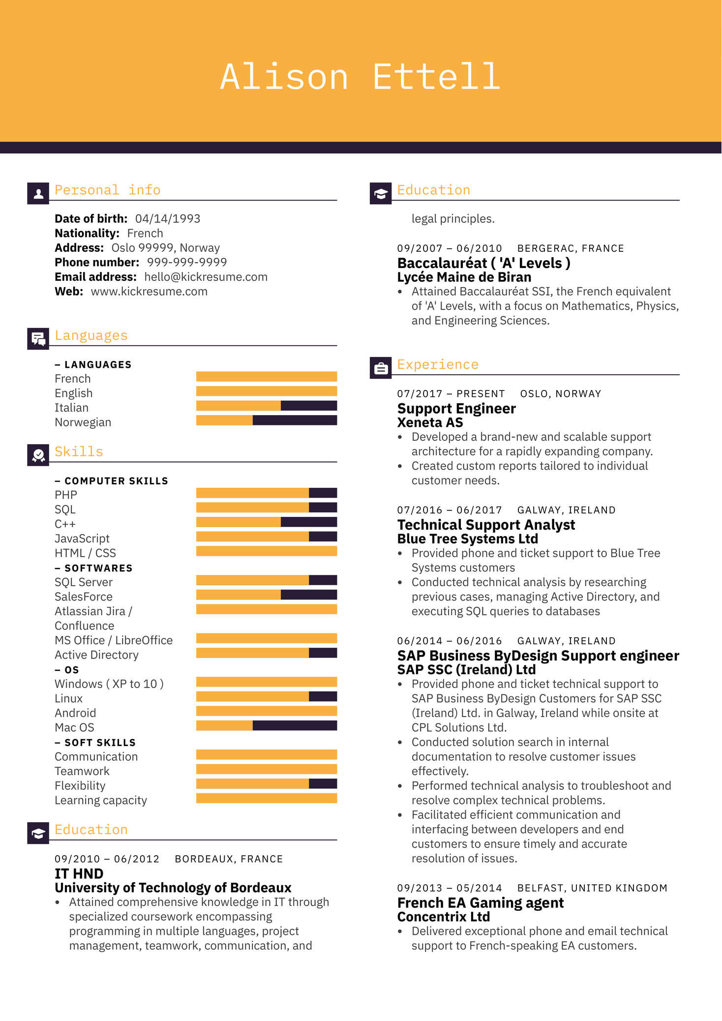 Technical Support Engineer Resume Sample Kickresume
