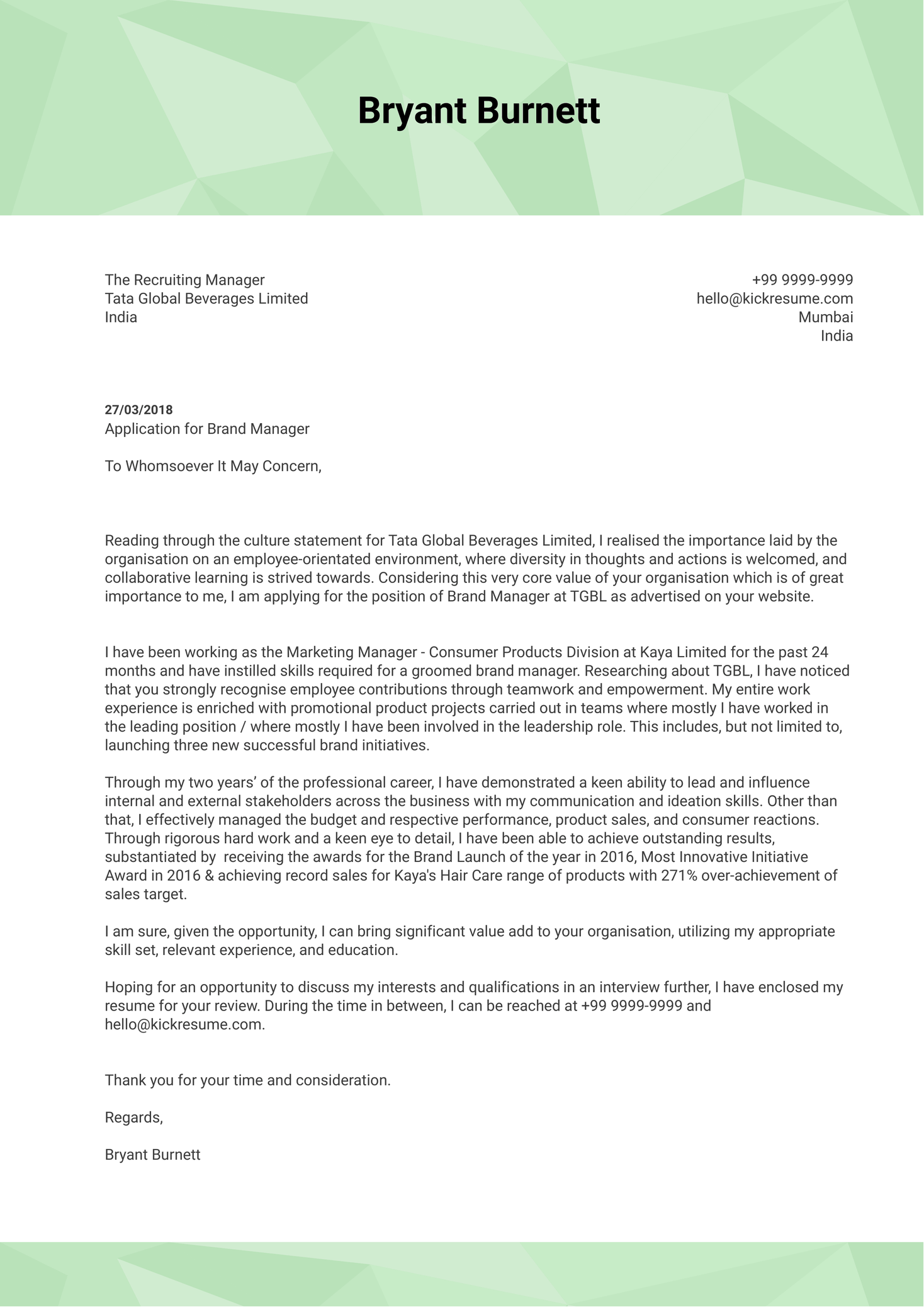 Marketing And Brand Manager Cover Letter Sample Kickresume