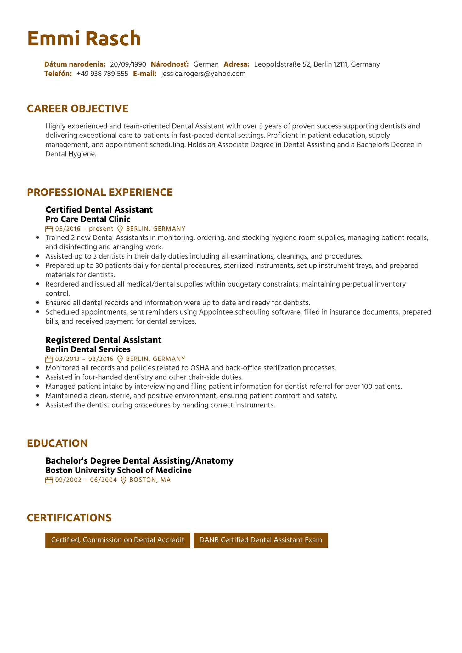 Dental Assistant CV Sample Kickresume