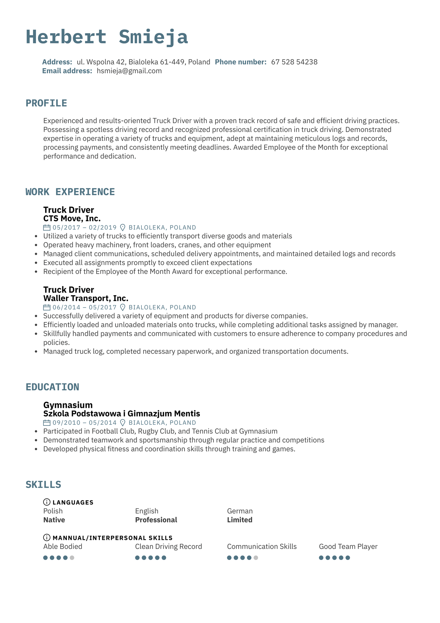 Truck Driver Resume Example Kickresume