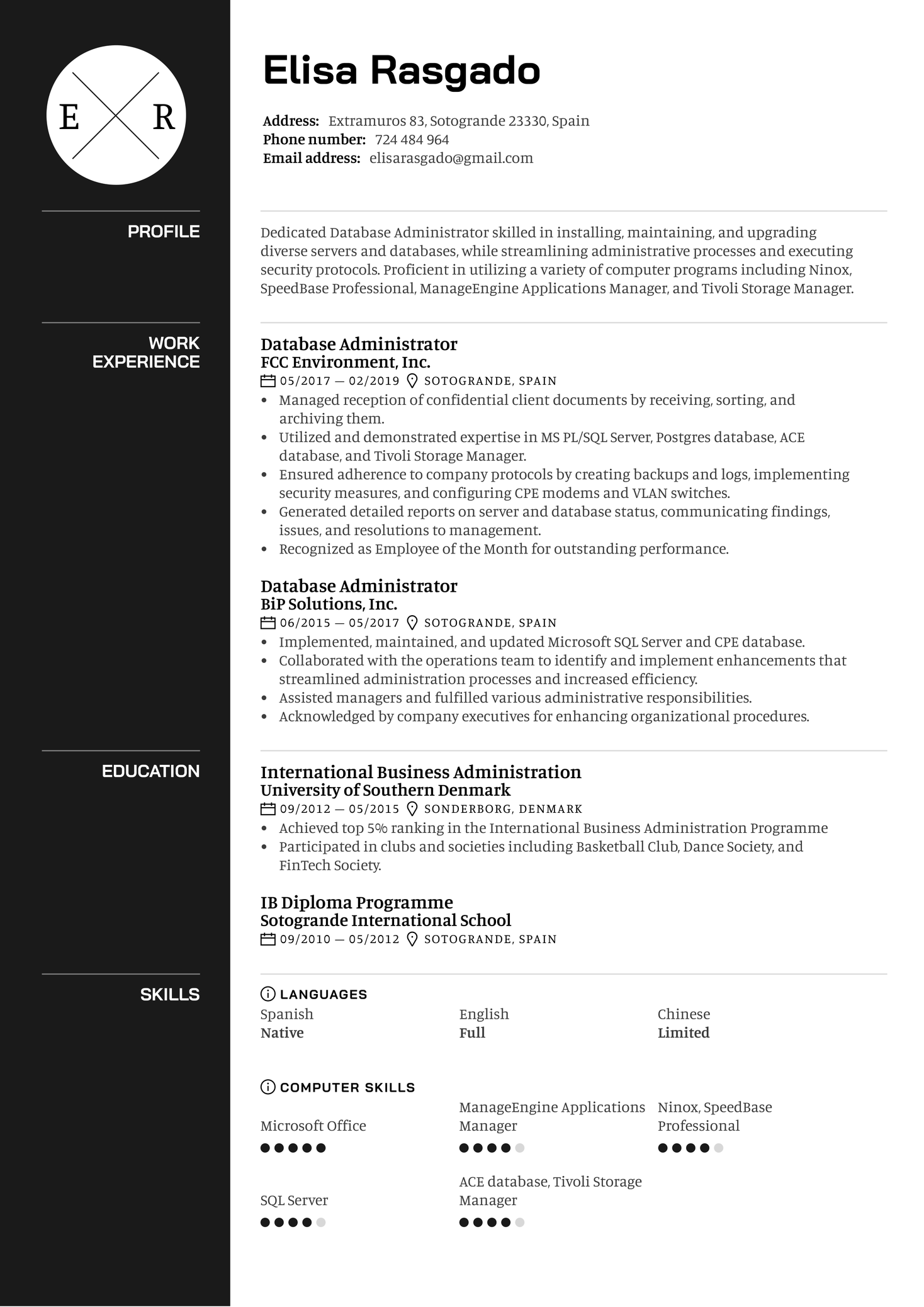 Database Administrator Resume Example Kickresume