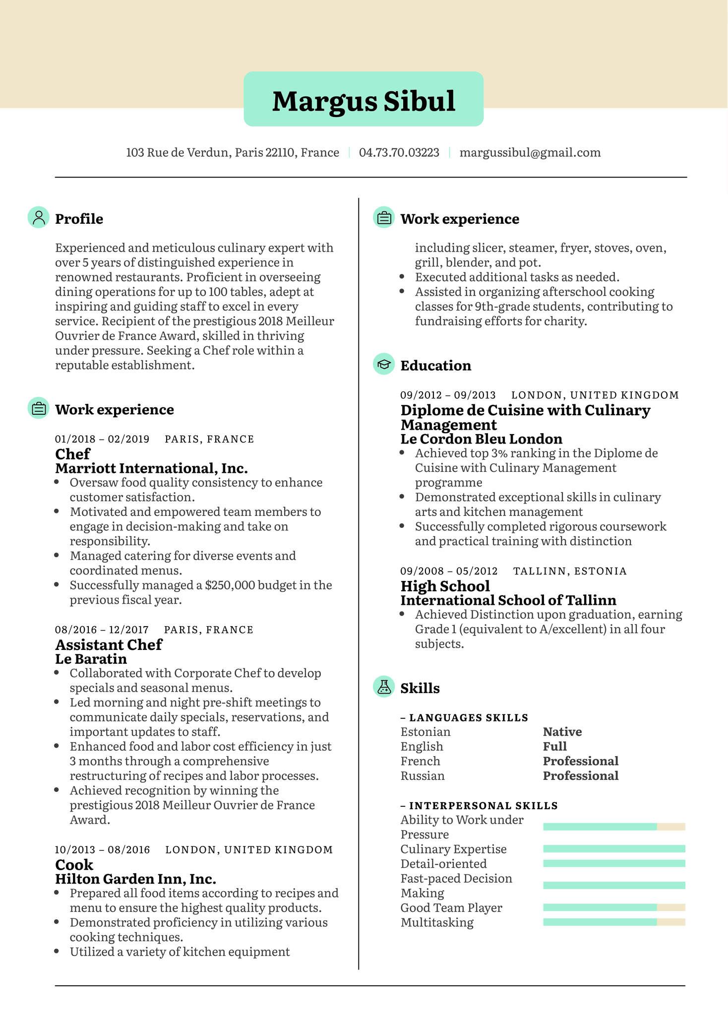 Chef Resume Example Kickresume