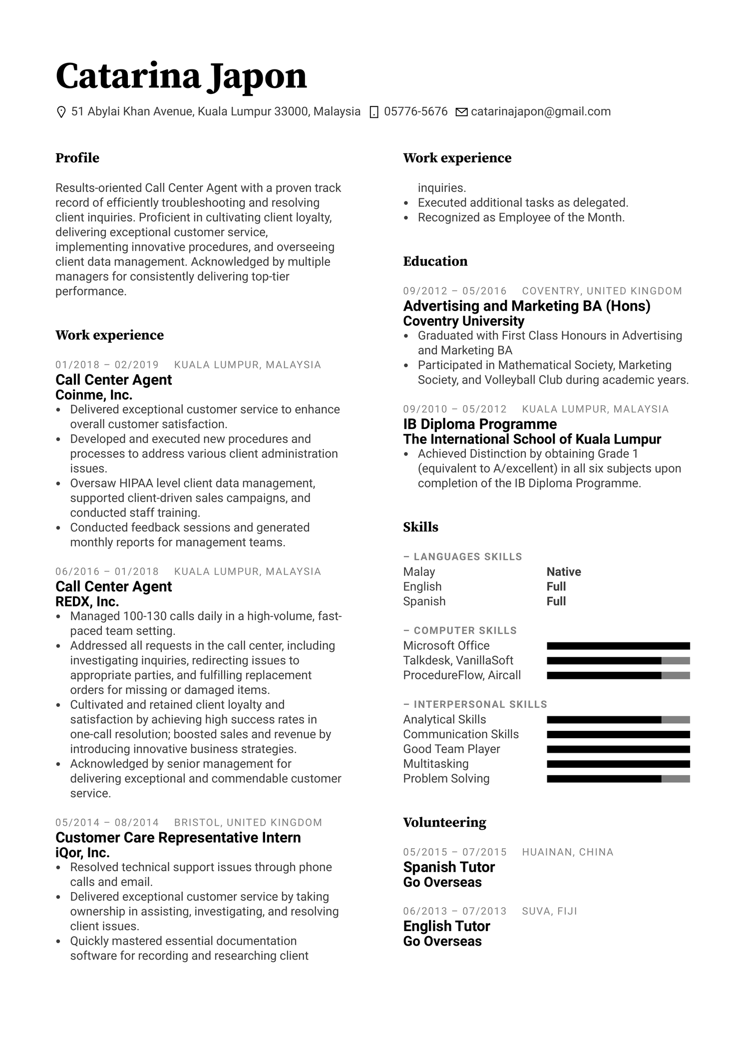 Call Center Agent Resume Template Kickresume