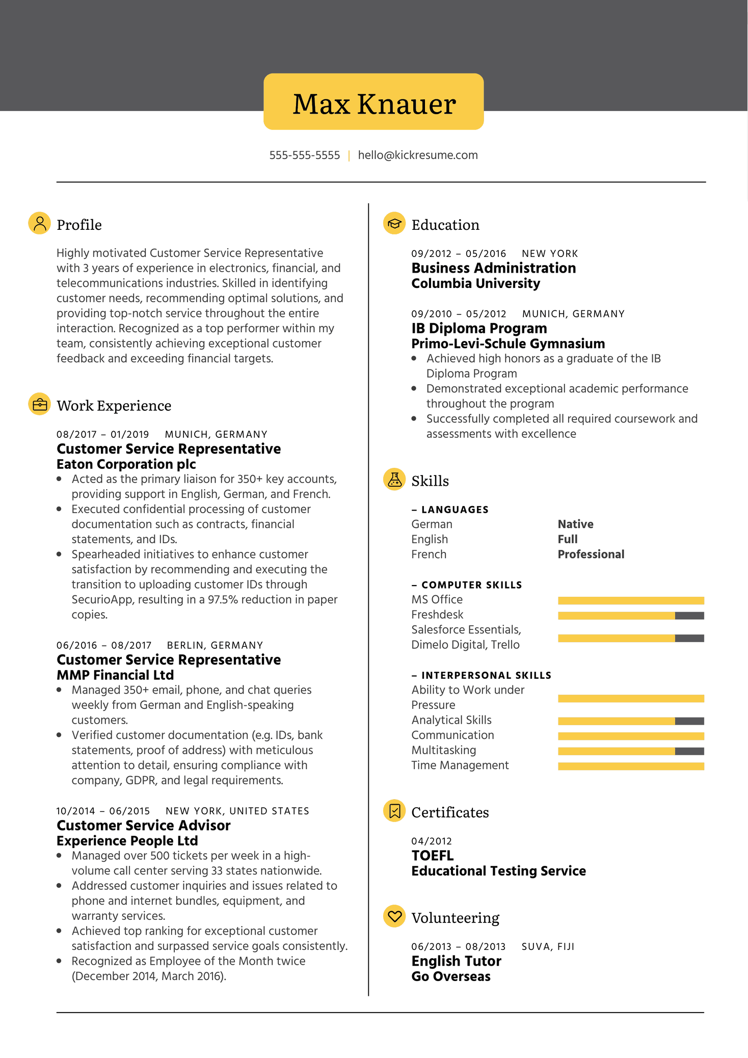 Customer Service Representative Kickresume