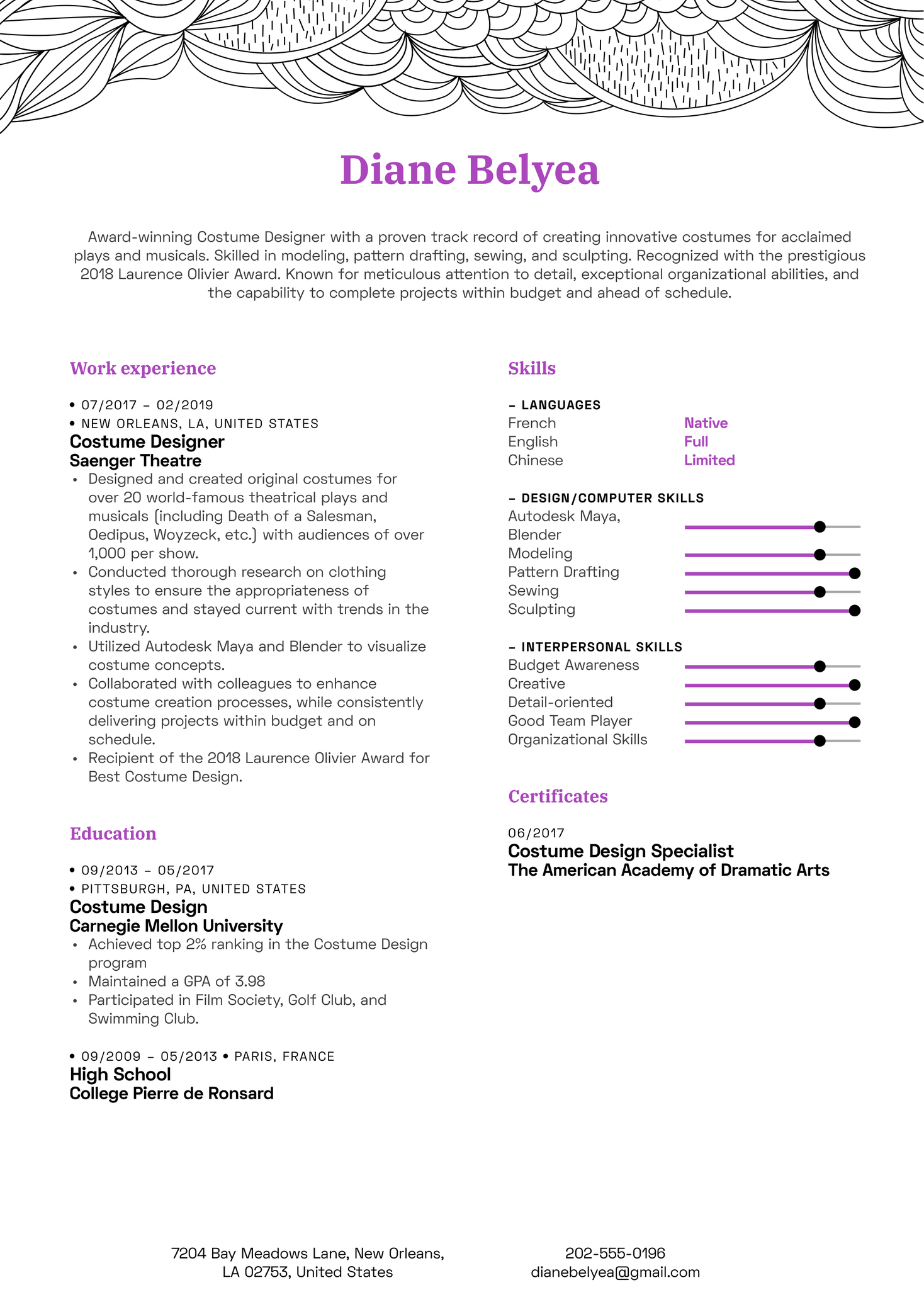 Costume Designer Resume Template Kickresume