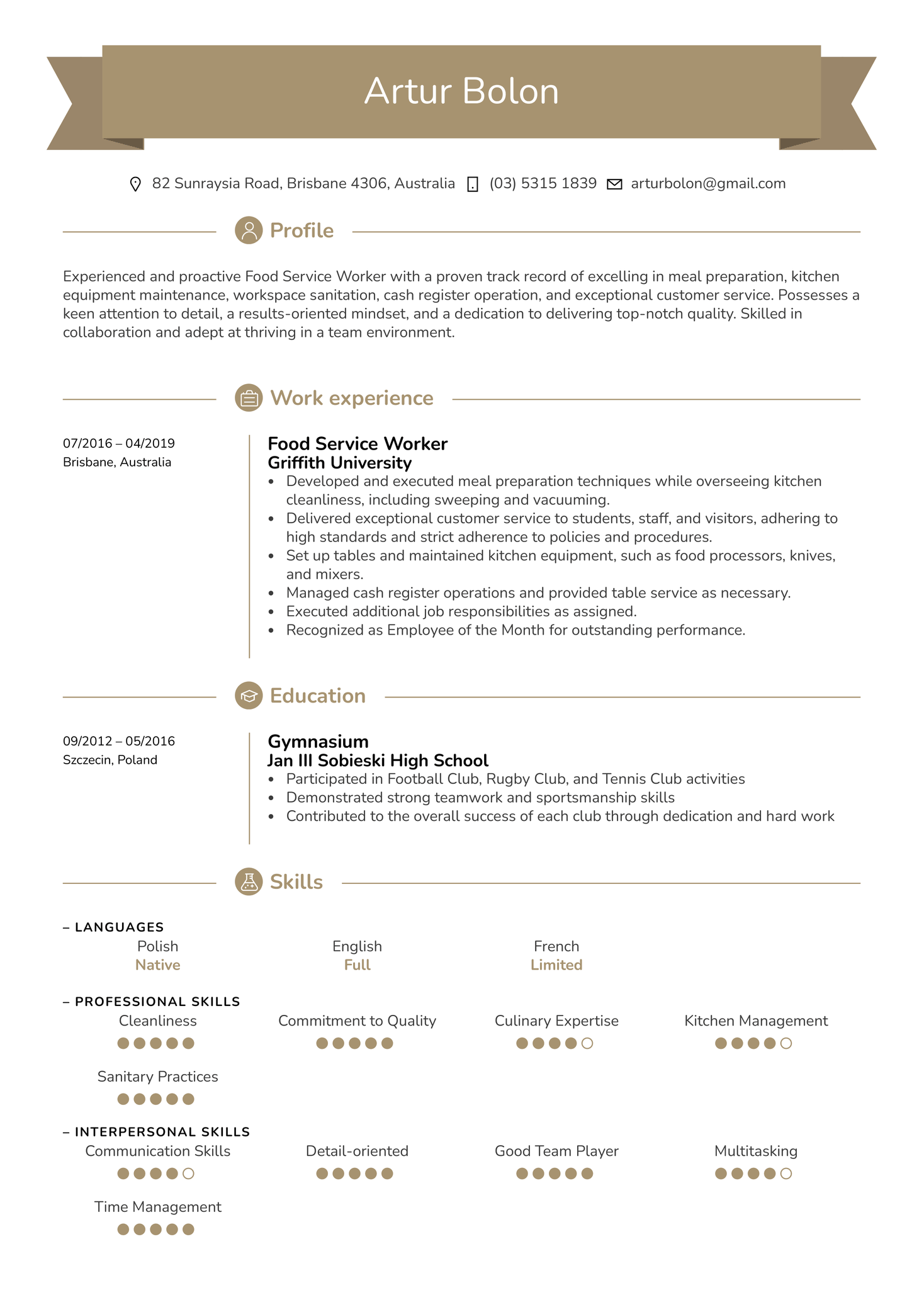 Food Service Worker Resume Sample Kickresume