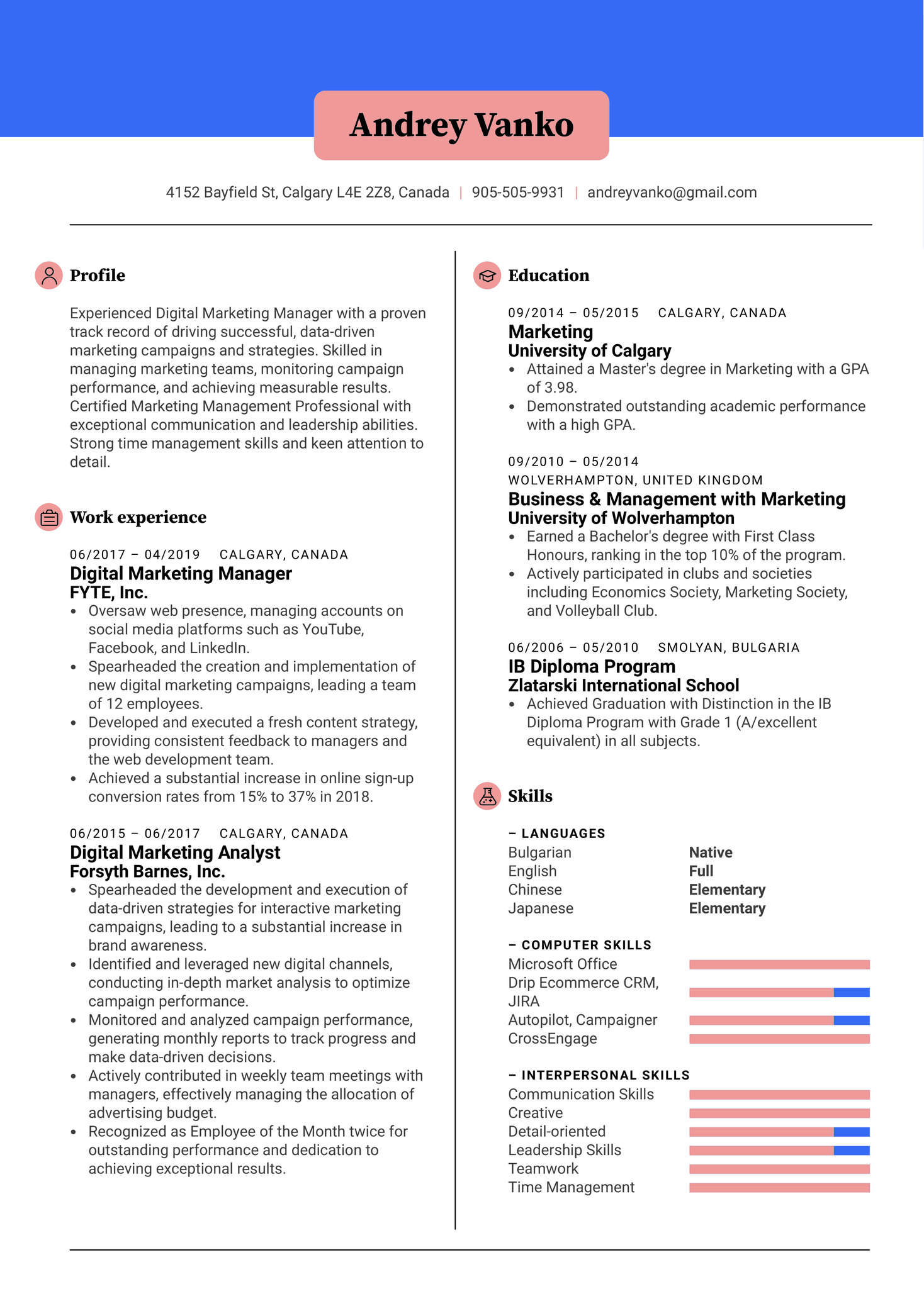 Digital Marketing Manager Resume Sample Kickresume