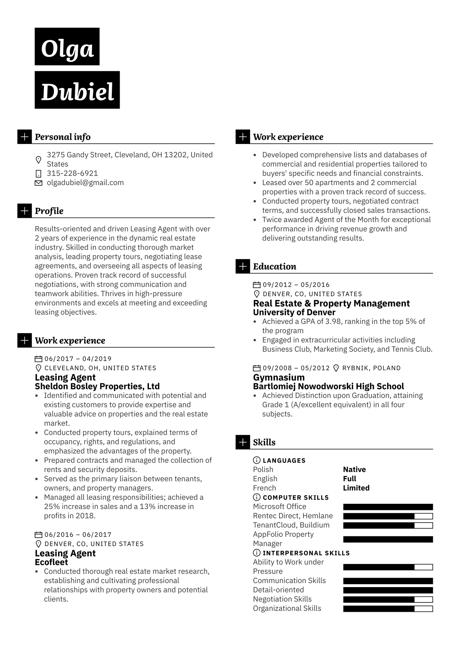 Leasing Agent Resume Sample Kickresume