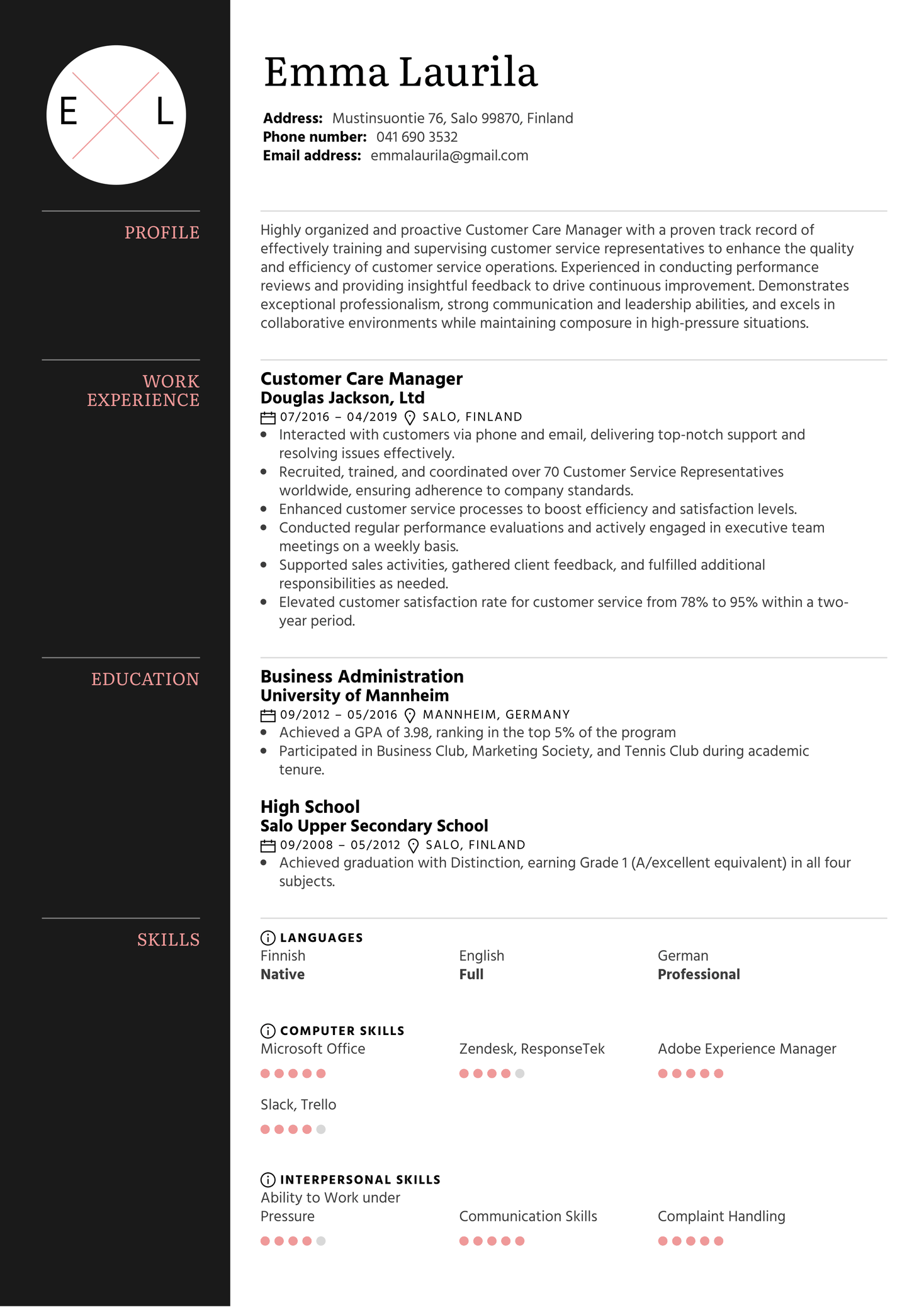 Customer Care Manager Resume Sample Kickresume