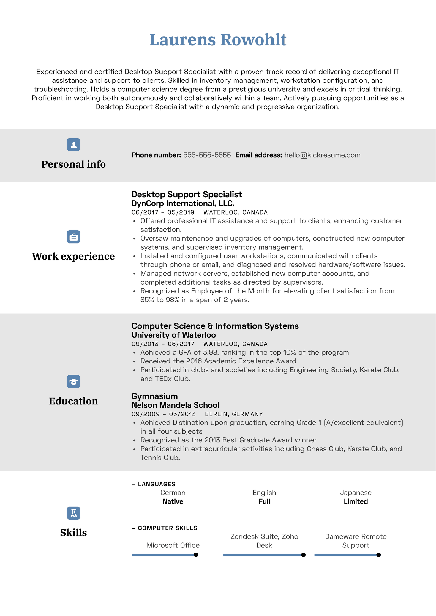 Desktop Support Specialist Resume Sample Kickresume