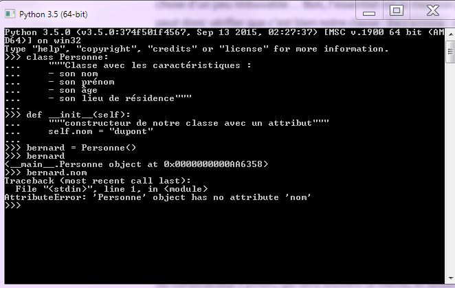 Erreur dans l'interpréteur python 3.5 - attributeError 'Personne' object has no attribute 'nom ...