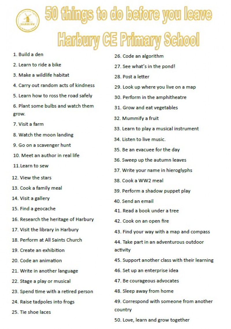 50 things... | Harbury C of E Primary School