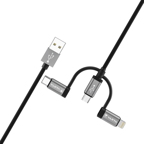 Varta Cable de sincronización y carga rápida 3 en 1 USB A a Lightninig/Micro/Type C | Silver Sanz
