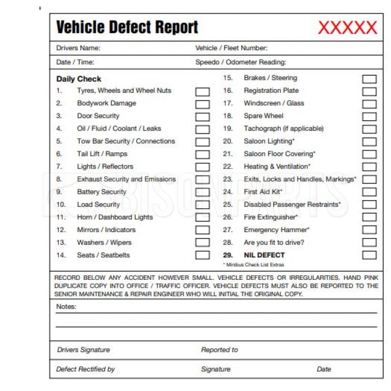 50 PAGE VAN & MINIBUS DAILY CHECK & DEFECT BOOK 100212 - Bison Parts