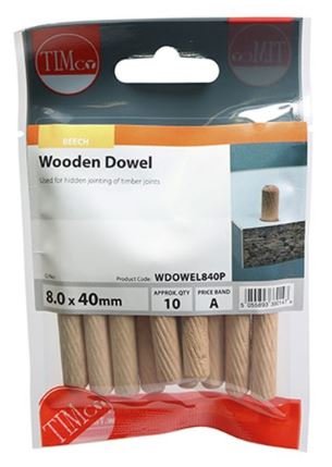 Wooden Dowels 8 x 40mm Pack of 10 - Goodwins