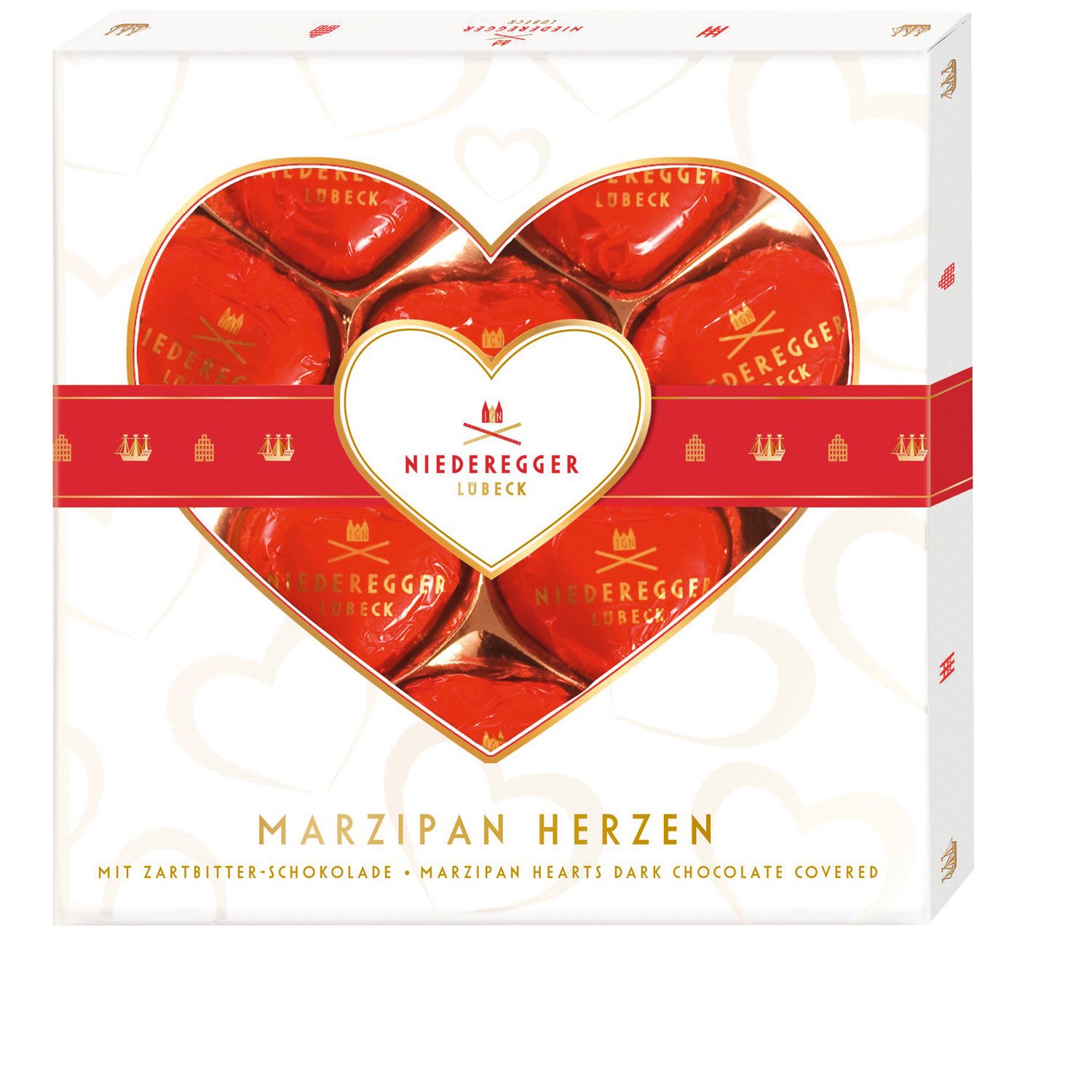 Dark chocolate covered marzipan hearts in gift box - 10x125g - House of ...