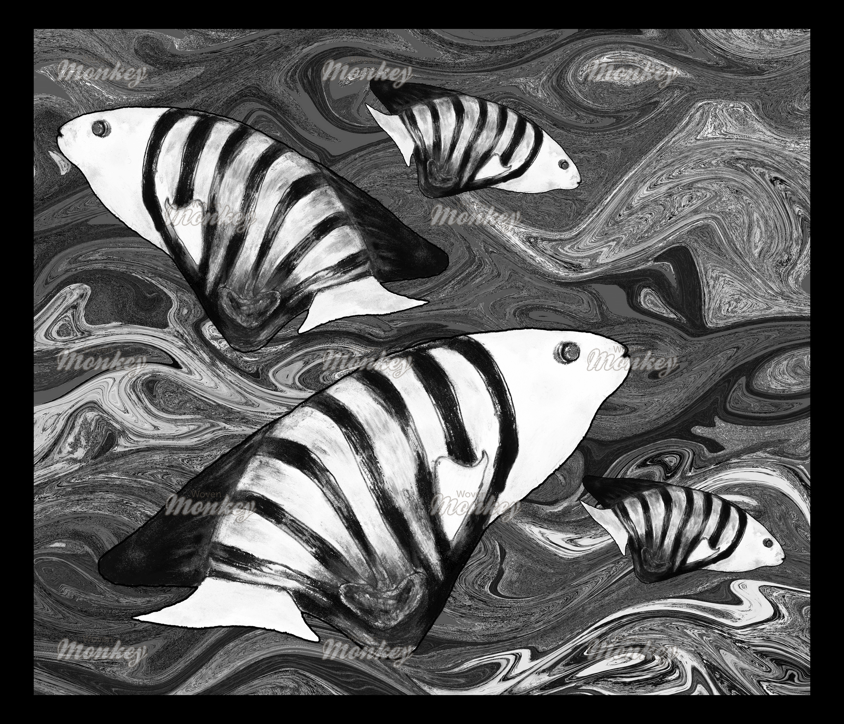 FISHES WAVES Black and White Pillow Panel | Fabric | Woven Monkey